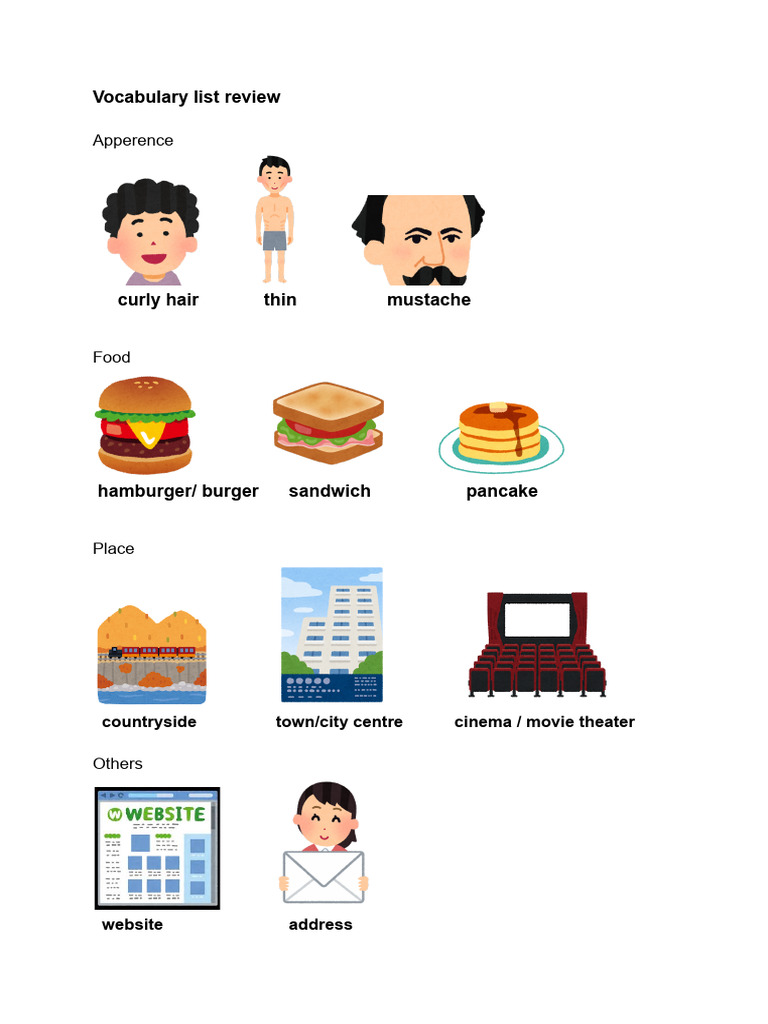 Movers Vocabulary Review and Basic Grammar | PDF | Hamburgers | Cuisine