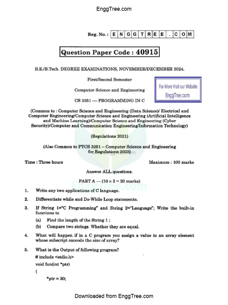 CS3251 Programming in C Nov Dec 2024 Question Paper Download | PDF