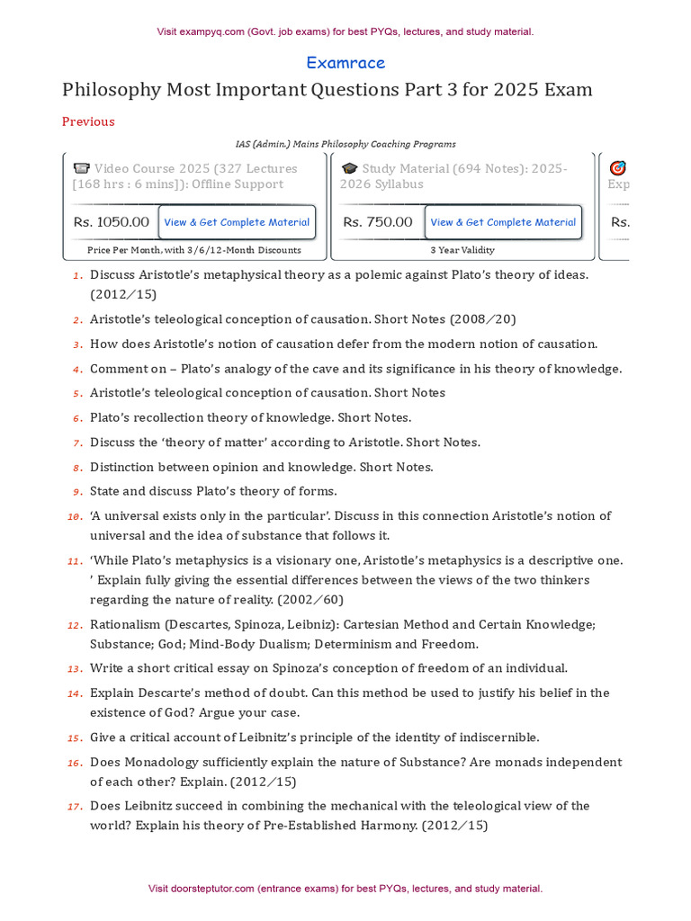 Key Philosophy Questions for 2025 Exam | PDF | Immanuel Kant ...