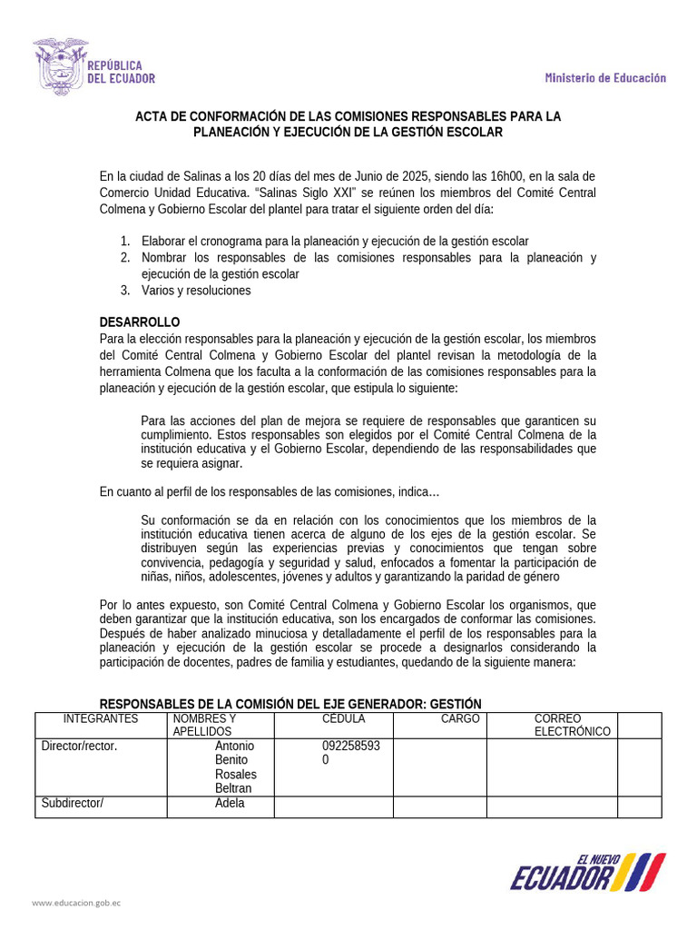 Acta de Conformación de Las Comisiones Responsables para La Planeación y Ejecución de La Gestión ...