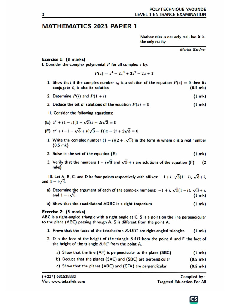 Polytech Yaounde 2023 Maths Physics | PDF