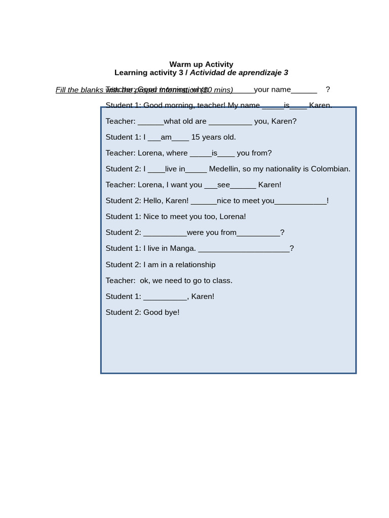 ESL Fill-in-the-Blank Activity | PDF