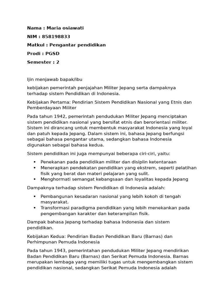 Nama: Maria Osiawati NIM: 858198833 Matkul: Pengantar Pendidikan Prodi: PGSD Semester: 2 | PDF
