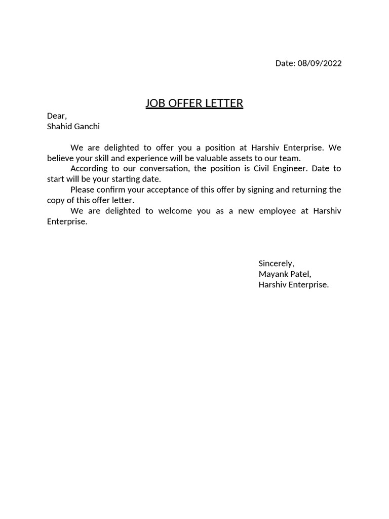 Job Offer Letter for Civil Engineer | PDF