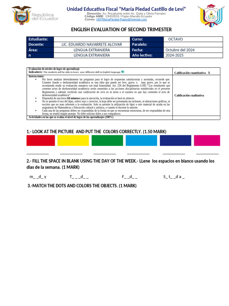 English Evaluation Eduardo Segundo Trimestre | PDF | Aprendizaje