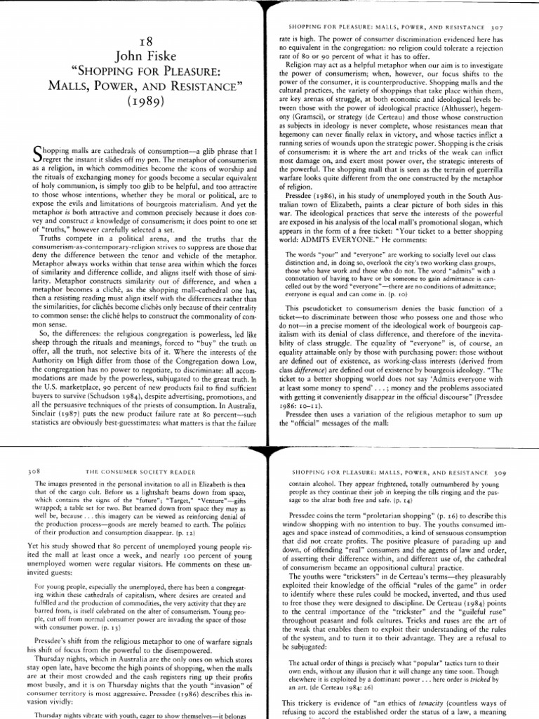 John Fiske Shopping For Pleasure. Malls Power Resistance | PDF