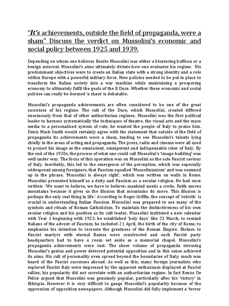Mussolini's Economic and Social Policies | PDF | Kingdom Of Italy ...