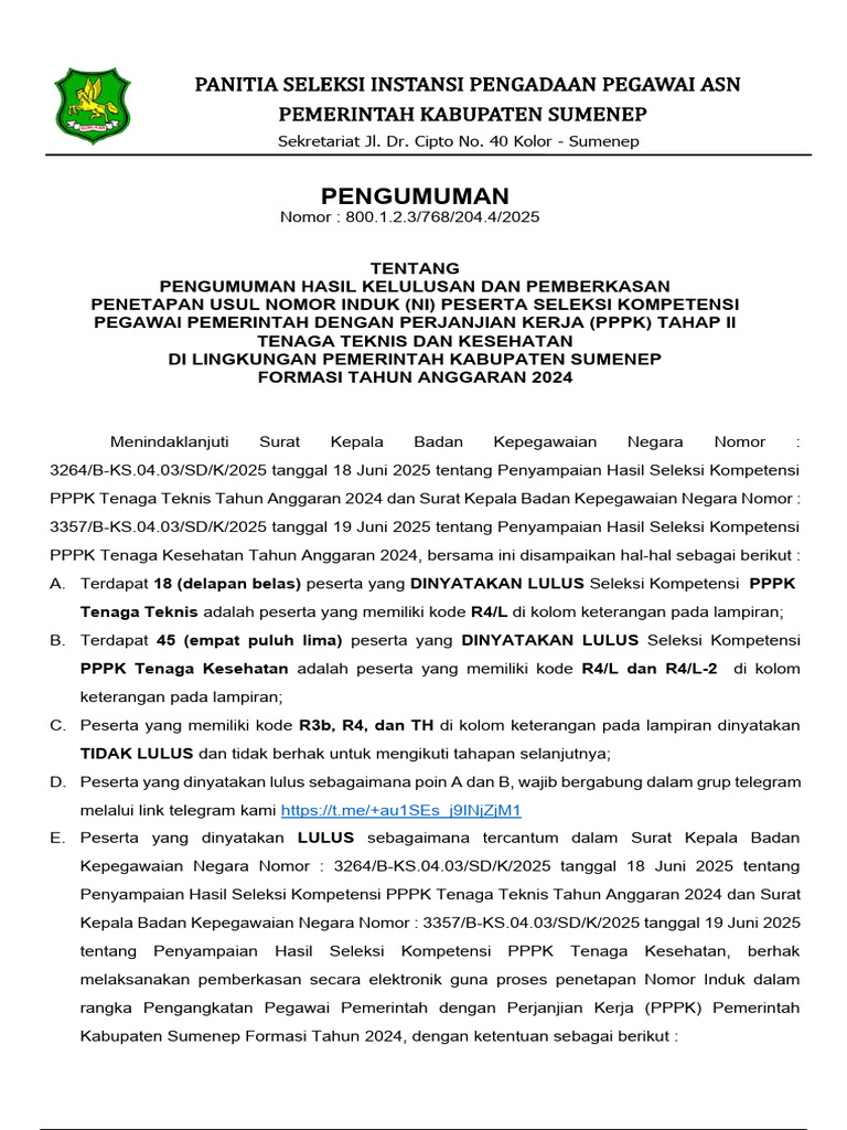 Pengumuman Kelulusan Dan Pemberkasan PPPK Tahap II Tahun 2025 | PDF