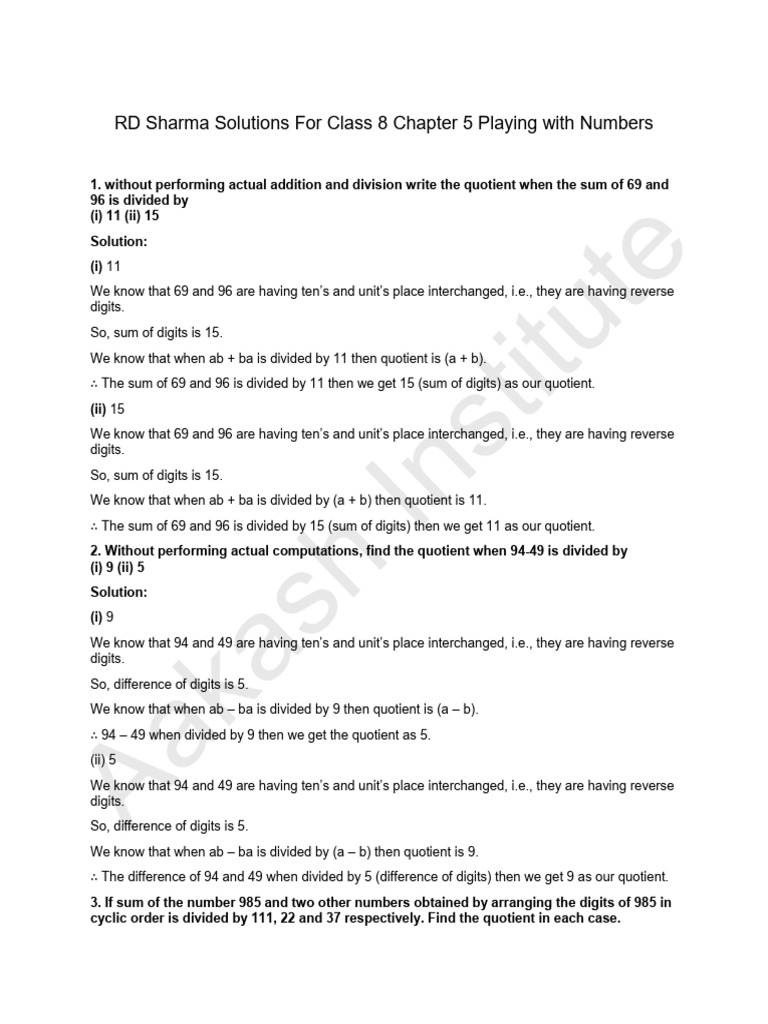 RD Sharma Solutions For Class 8 Chapter 5 Playing With Numbers | PDF ...