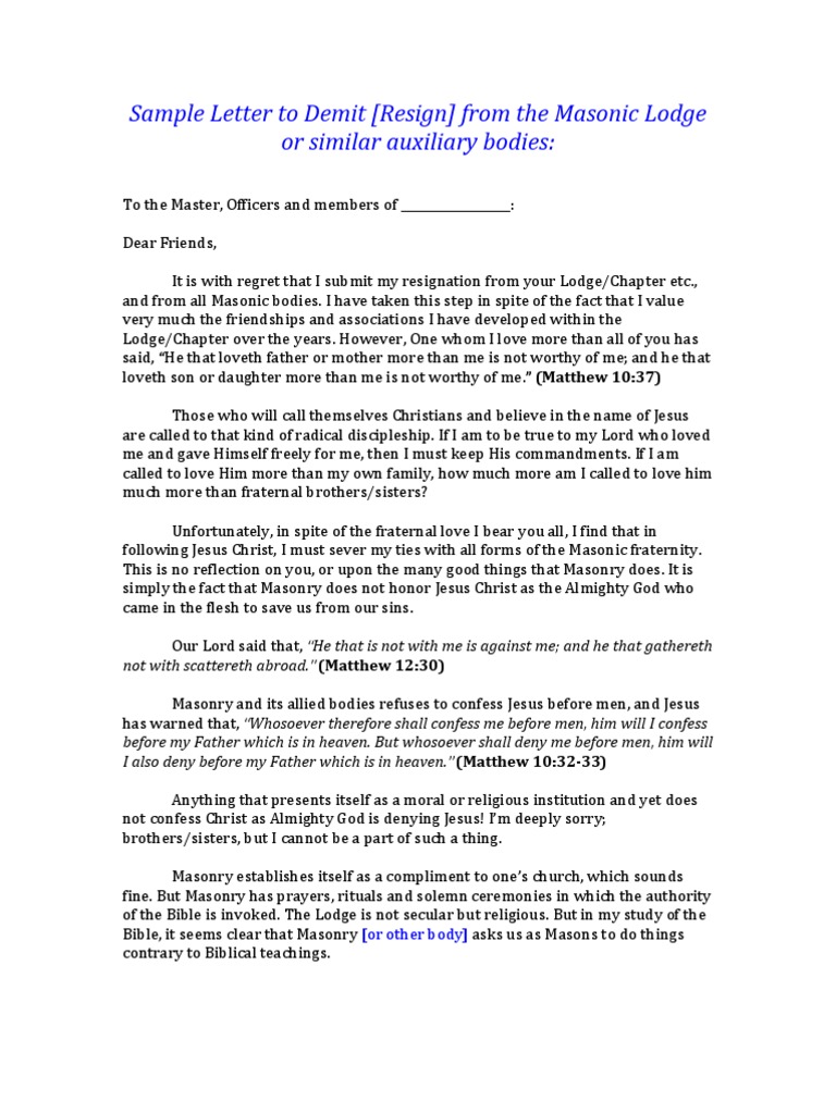 Sample Letter to Demit From the Masonic Lodge or Similar Bodies(2 ...
