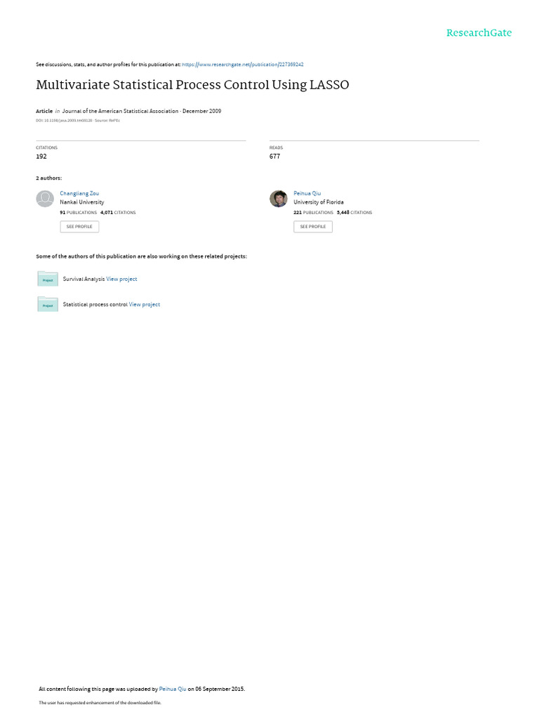 2010 Zou Multivariate Statistical Process Control Using LASSO | PDF | Linear Regression | Least ...