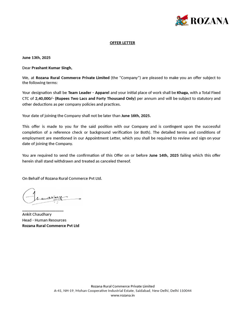 Offer Letter - Prashant Kumar Singh | PDF