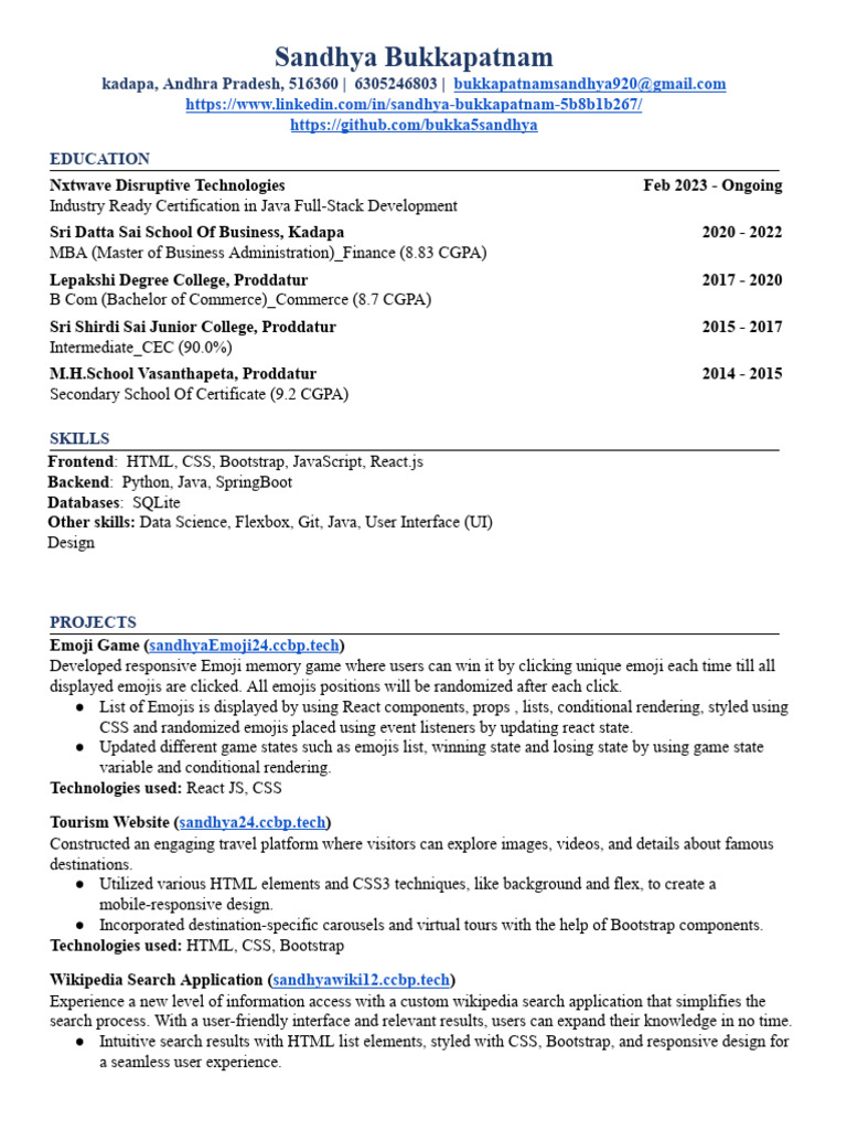 Resume Bukka Pat Nam Sandhya | PDF | Bootstrap (Front End Framework) | Java (Programming Language)