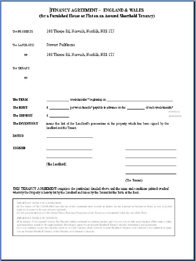 UK Tenancy Rental Letter Agreement Example | PDF