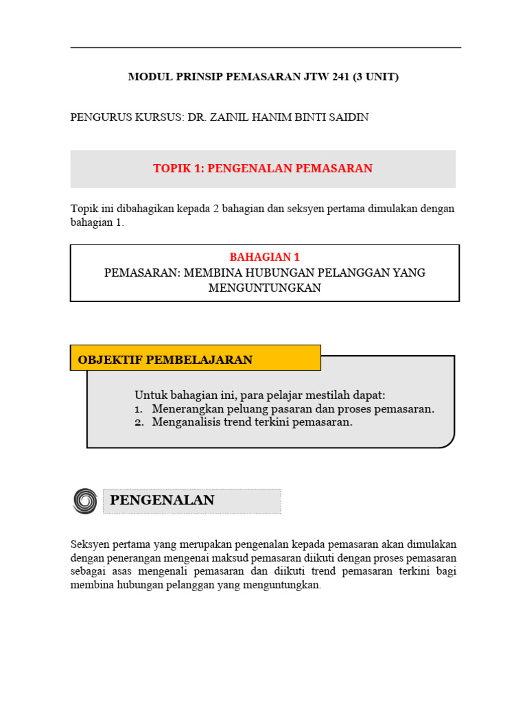 Topik 1 Pengenalan Pemasaran | PDF