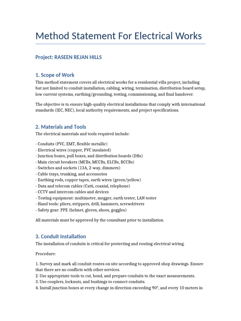 Extended Electrical Method Statement Villa | PDF | Electrical Wiring | Electrical Connector