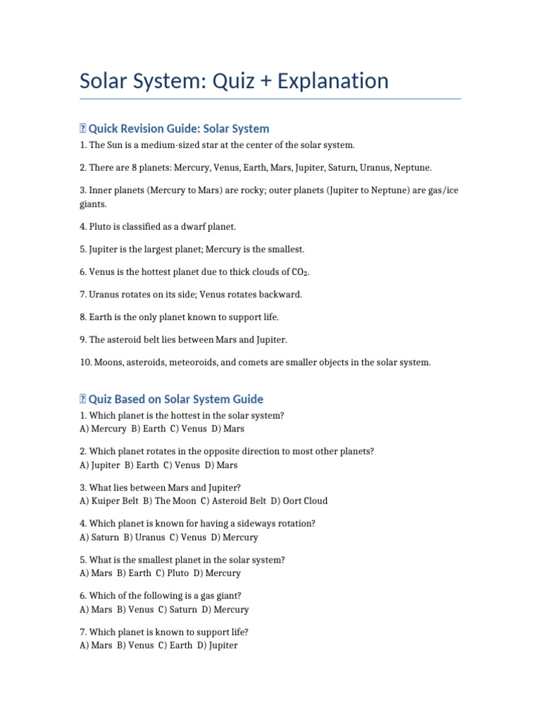 Solar System Quiz With Explanation | PDF