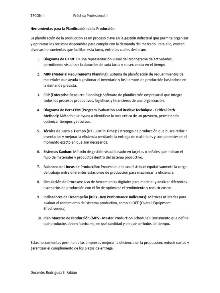 Herramientas para La Planificaci-N de La Producci-N | PDF | Lean Manufacturing | Planificación ...