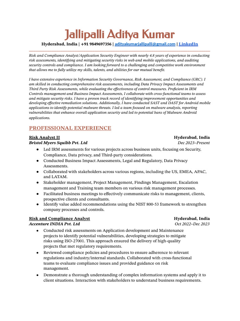 Resume of Jallipalli Aditya Kumar | PDF | Security | Computer Security