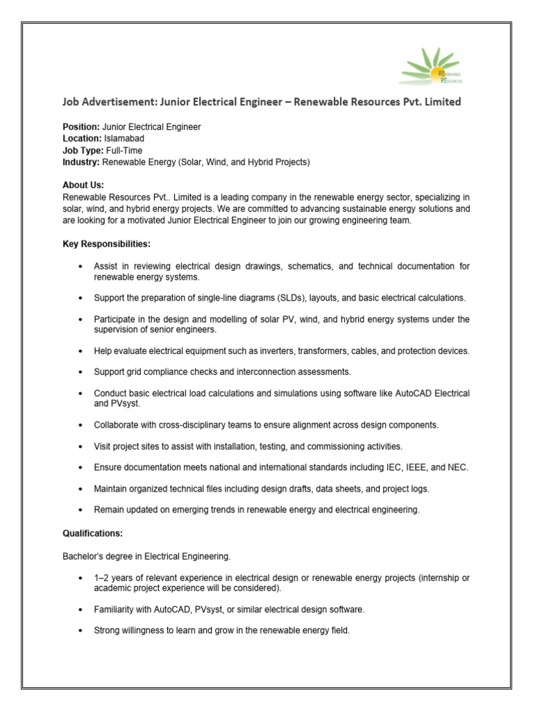 Junior Electrical Engineer Job in Islamabad | PDF