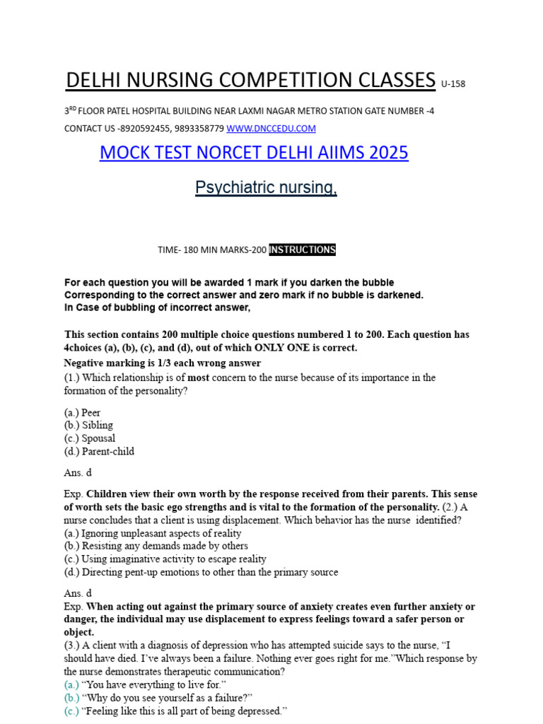 Psychiatric Nursing Mock Test Guide | PDF | Clozapine | Antipsychotic