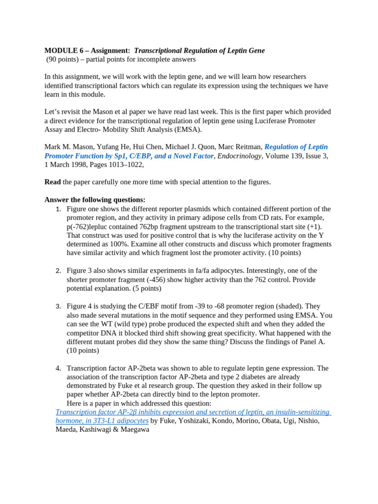 Module 6 - Assignment - Transcriptional Regulation of Leptin Gene | PDF ...
