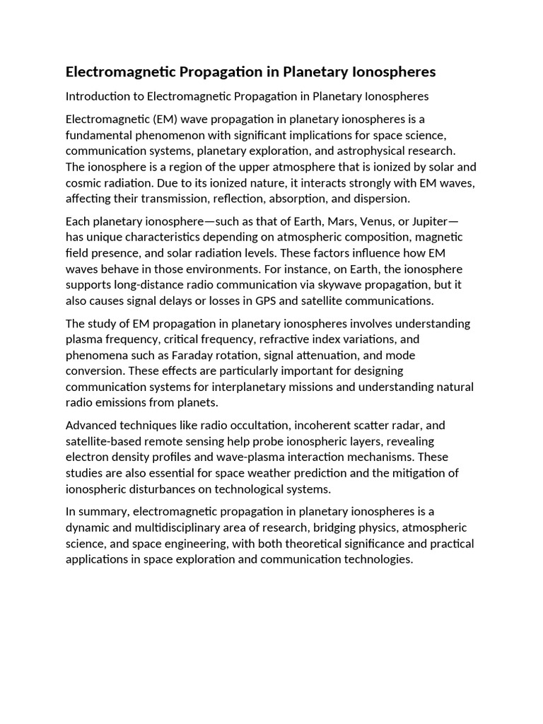 Electromagnetic Propagation In Planetary Ionospheres Pdf