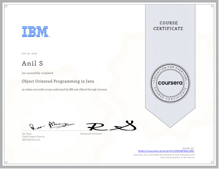 JAVA OOPS Certificate Coursera | PDF