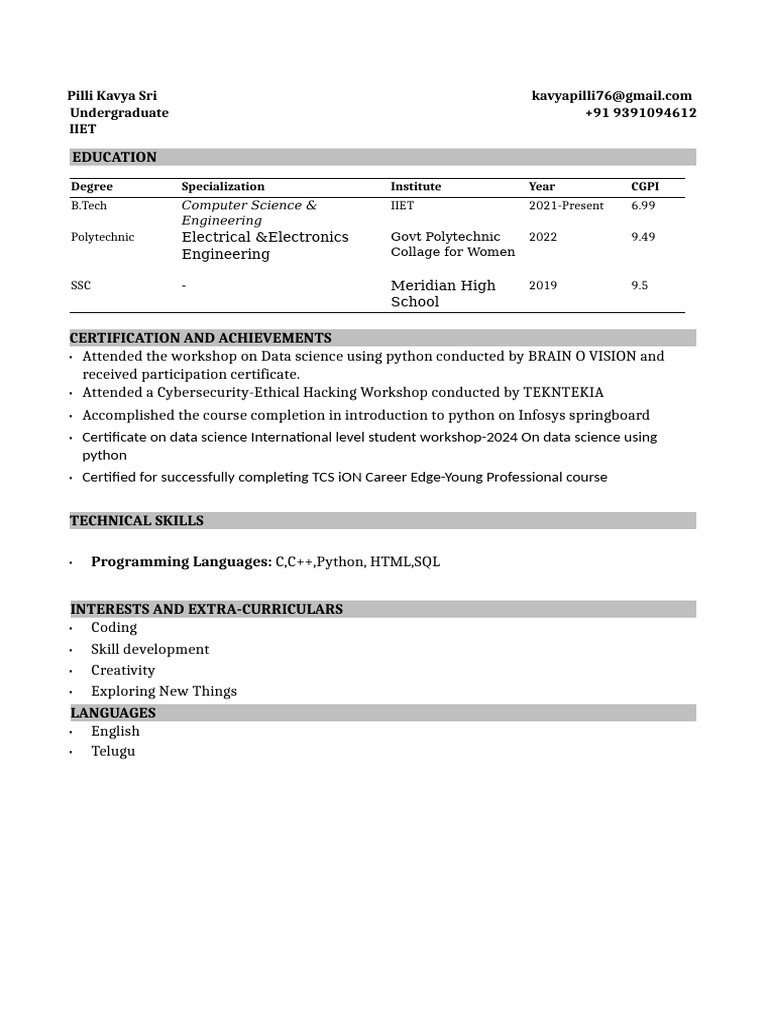 Pilli Kavya Resume | PDF