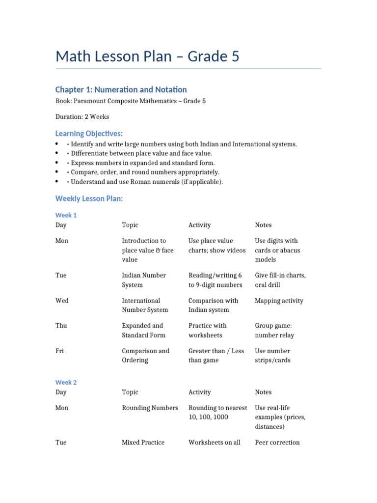 Grade 5 Math Lesson Plan: Numeration | PDF | Lesson Plan | Mathematics
