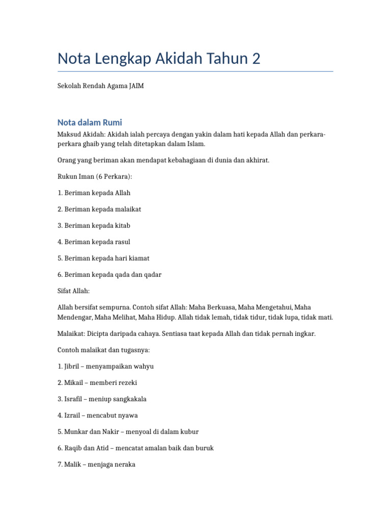 Nota Lengkap Akidah Tahun2 Rumi Jawi | PDF