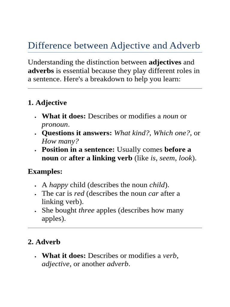 Difference Between Adjective and Adverb | PDF