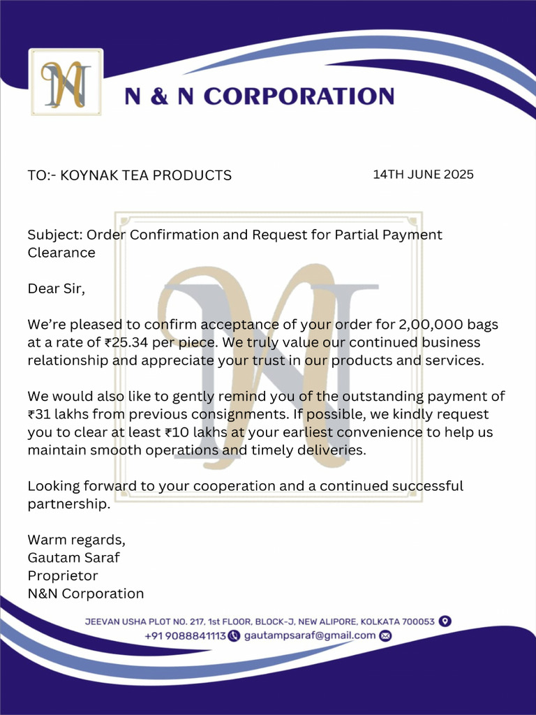 Subject Order Confirmation and Request For Partial Payment Clearance ...