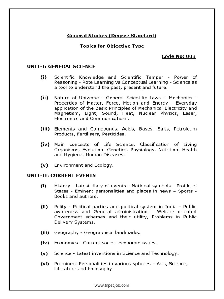 TNEB AE Exam General Studies Syllabus | PDF