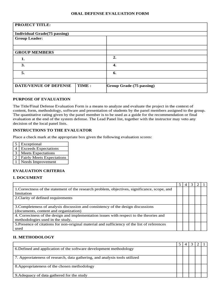 ORAL DEFENSE EVALUATION FORM Capstone | PDF | Methodology | Evaluation