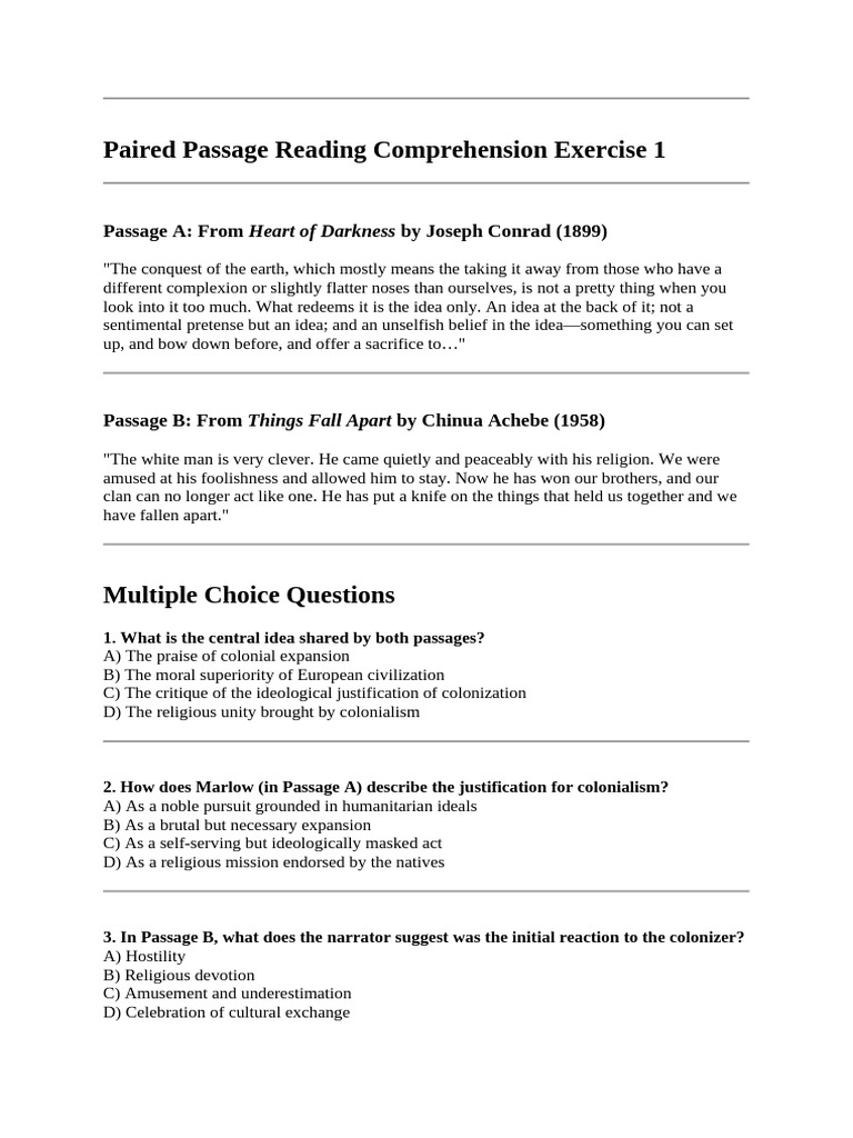2 Paired Passage Reading Comprehension Exercise 1 | PDF | Heart Of Darkness