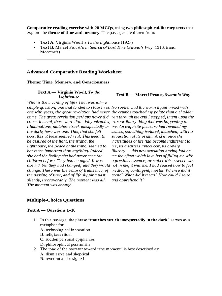 3 Comparative Reading Exercise With 20 MCQs | PDF | In Search Of Lost Time