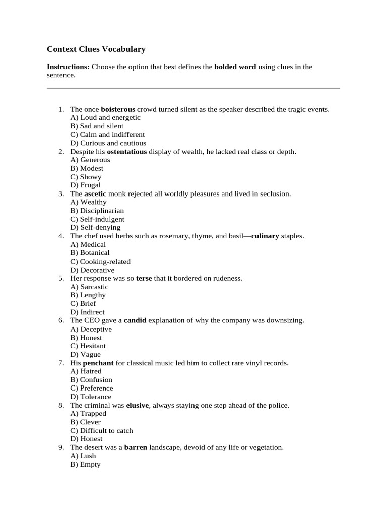 Context Clues Vocabulary New Exercise | PDF