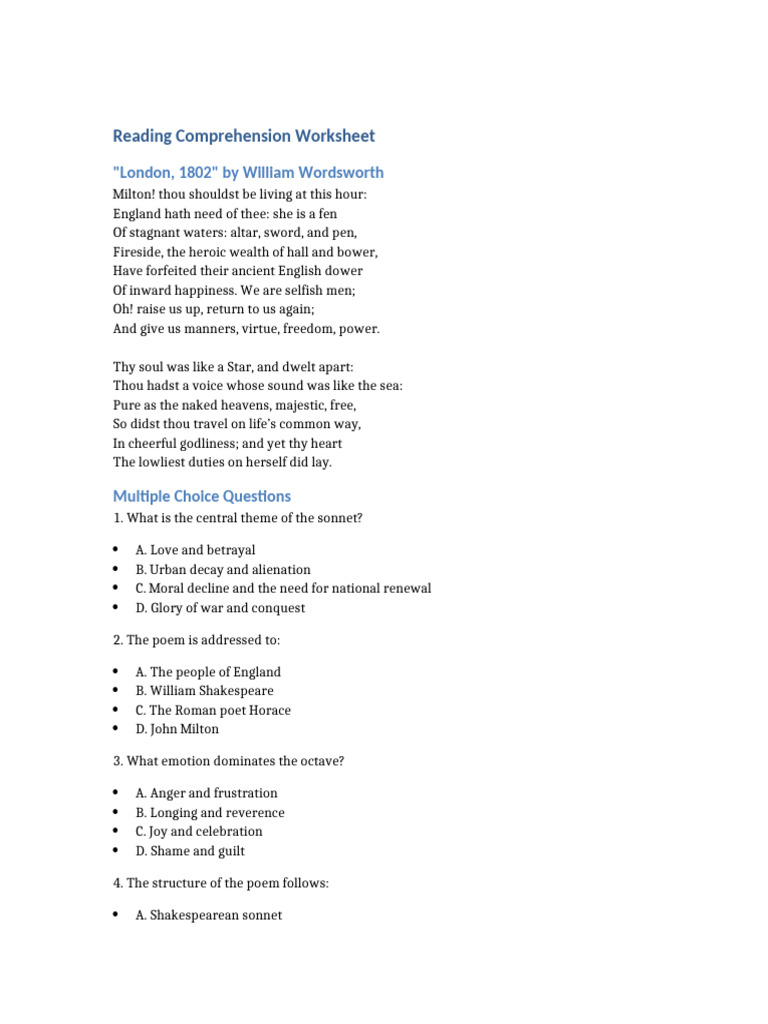 London 1802 Poem Analysis Worksheet | PDF | Stanzaic Form | Composition ...