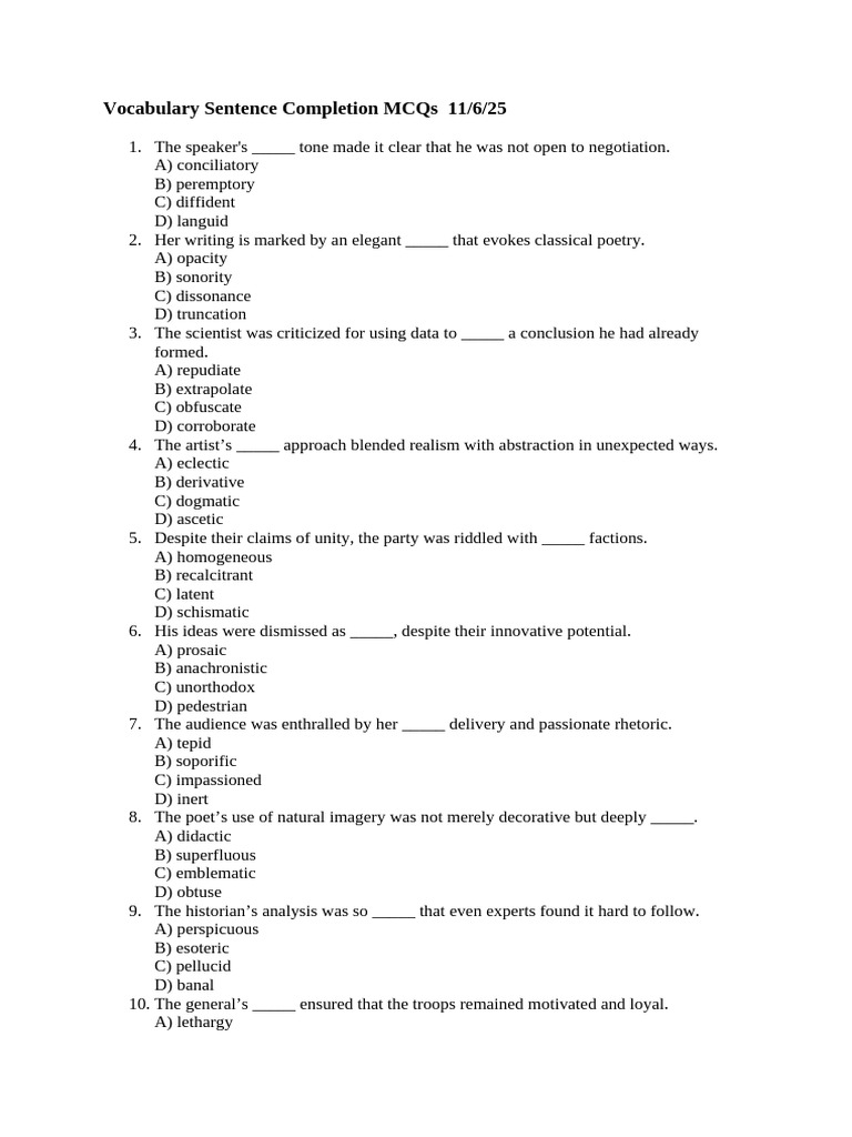Vocabulary Sentence Completion MCQs 11 | PDF