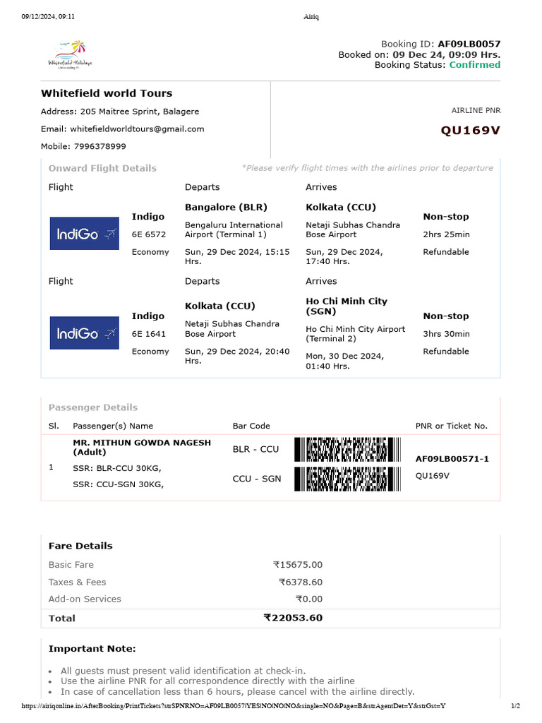 Mithun Gowda Nagesh Bangaloer To Hochiming Flight | PDF | Airlines | Aviation