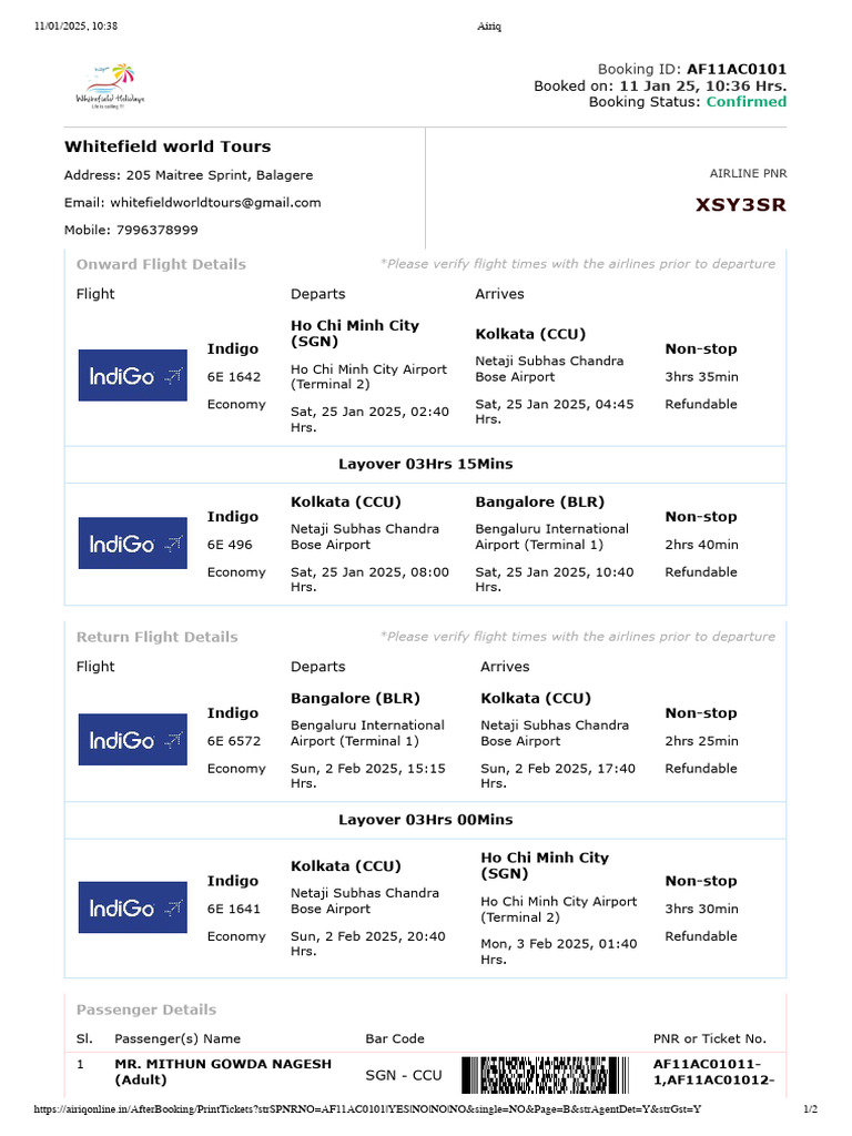 MR Mithun Gowda Vietnam Return Ticket | PDF | Transport | Civil Aviation