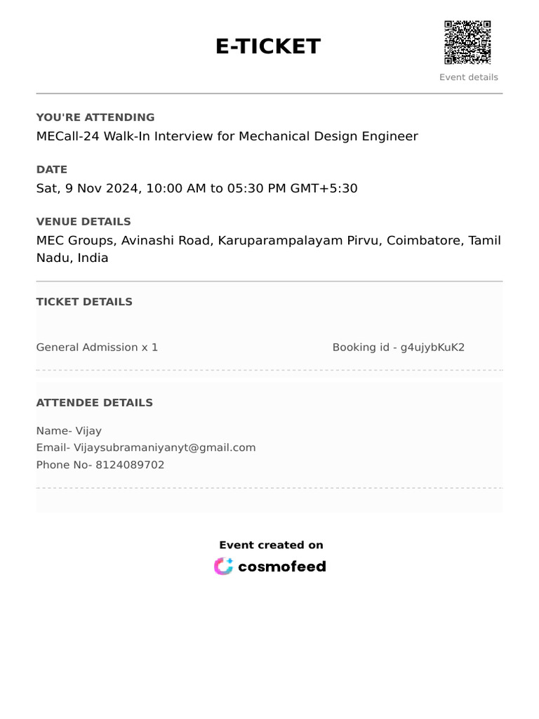 E-Ticket: Mecall-24 Walk-In Interview For Mechanical Design Engineer | PDF