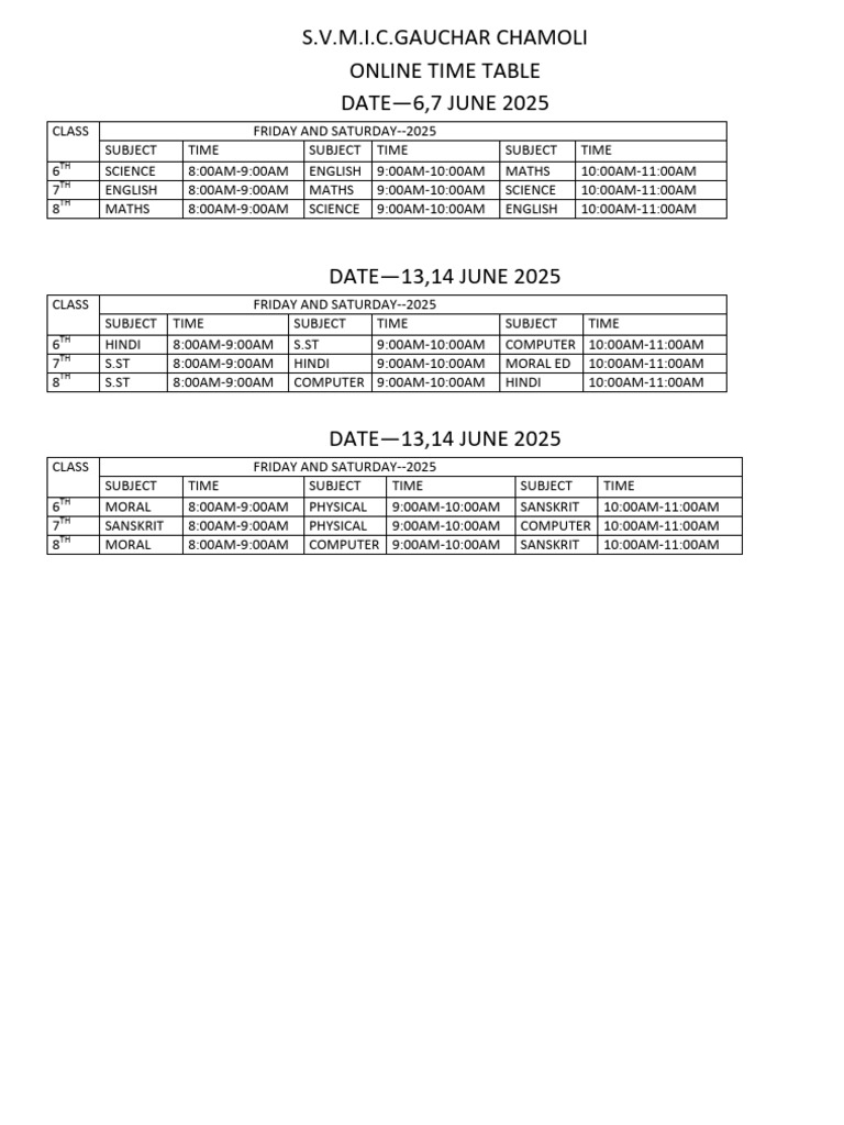 Online Time Table 6,7,8 | PDF