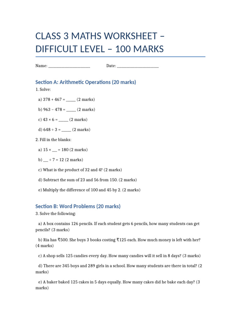 Class 3 Maths Worksheet Difficult Level | PDF | Length | Shape
