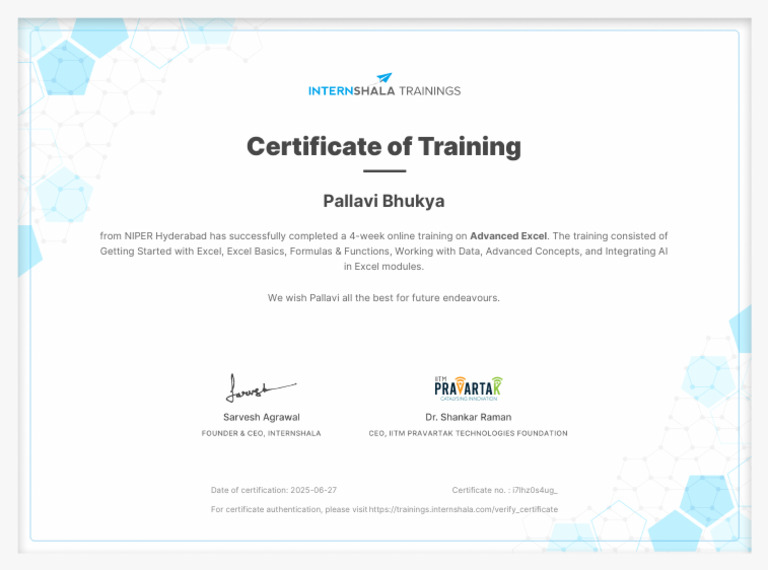 Advanced Excel Training - Certificate of Completion | PDF