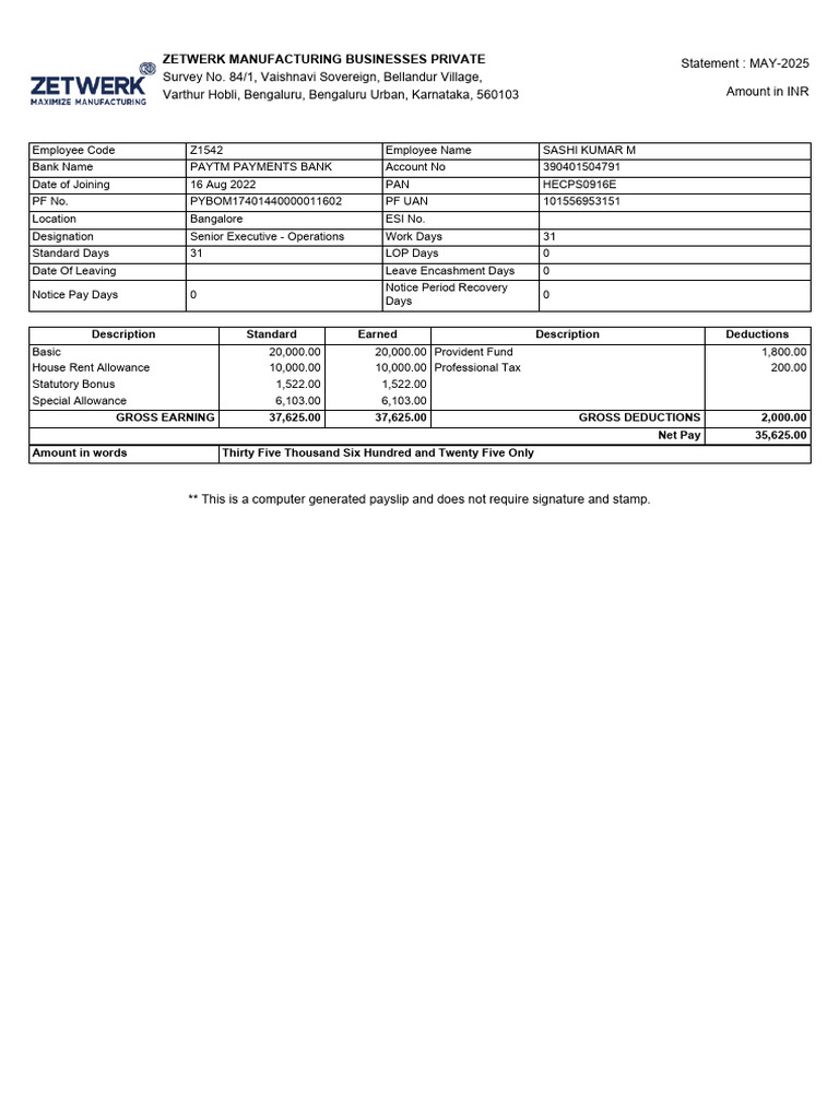 Z1542 May 2025 Payslip | PDF