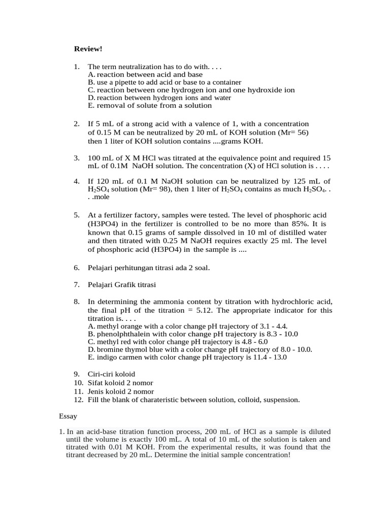 Review Chemistry 2025 Xi | PDF | Acid | Titration
