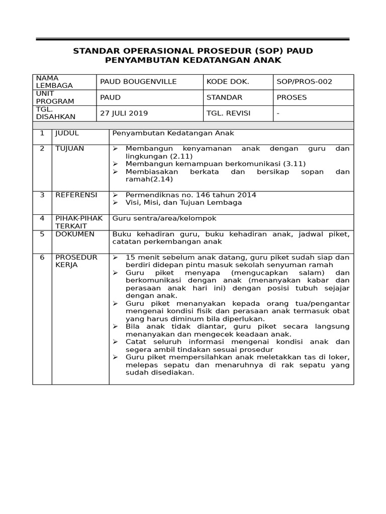 02-SOP PAUD - PENYAMBUTAN KEDATANGAN ANAK | PDF