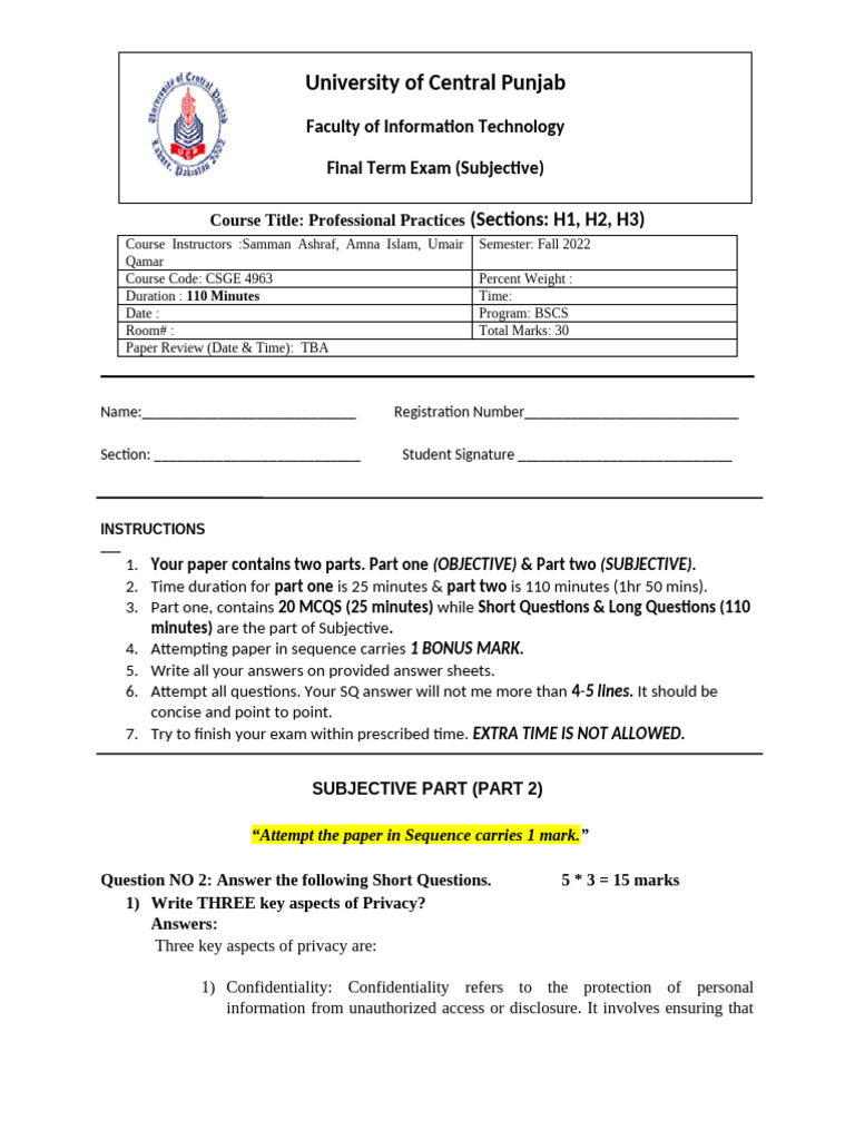 PP CS Final Exam Subjective | PDF | Malware | Security